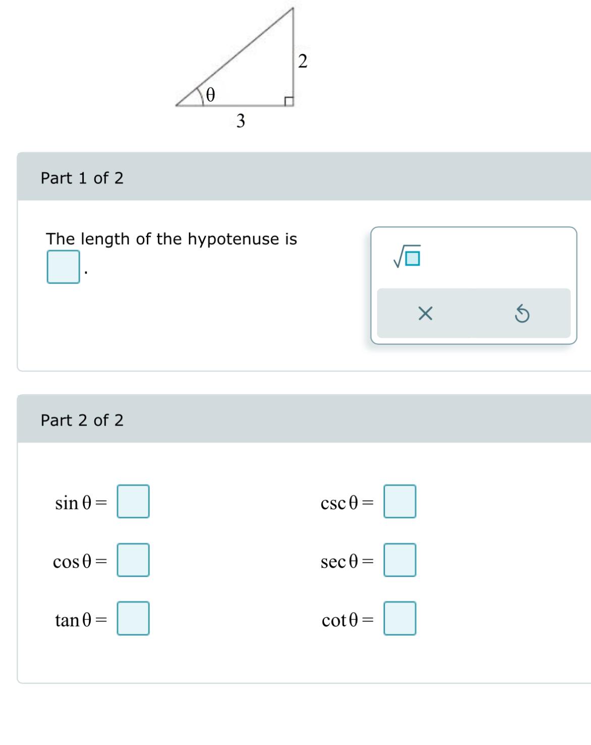 Solved Part 1 ﻿of 2The length of the hypotenuse isPart 2 ﻿of | Chegg.com