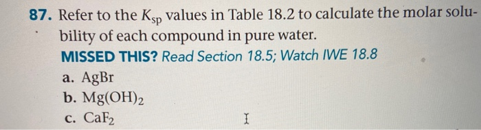 Solved 87. Refer to the Ksp values in Table 18.2 to | Chegg.com