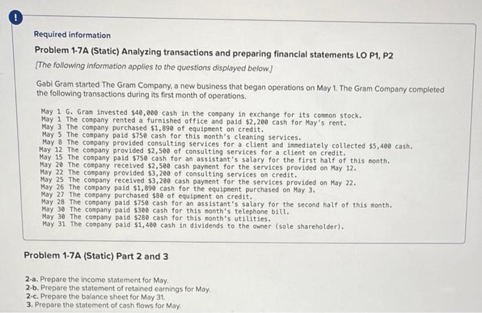 Solved Required information Problem 1-7A (Static) Analyzing | Chegg.com