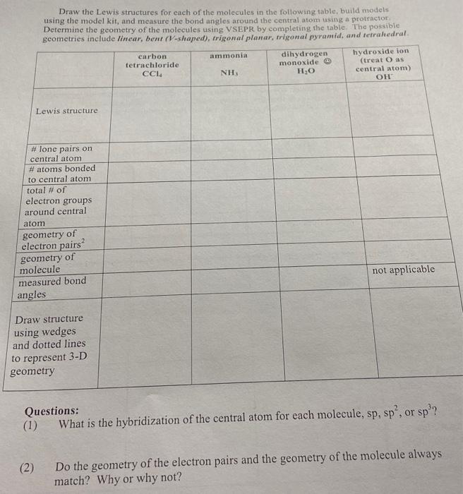 Solved Draw the Lewis structures for each of the molecules | Chegg.com