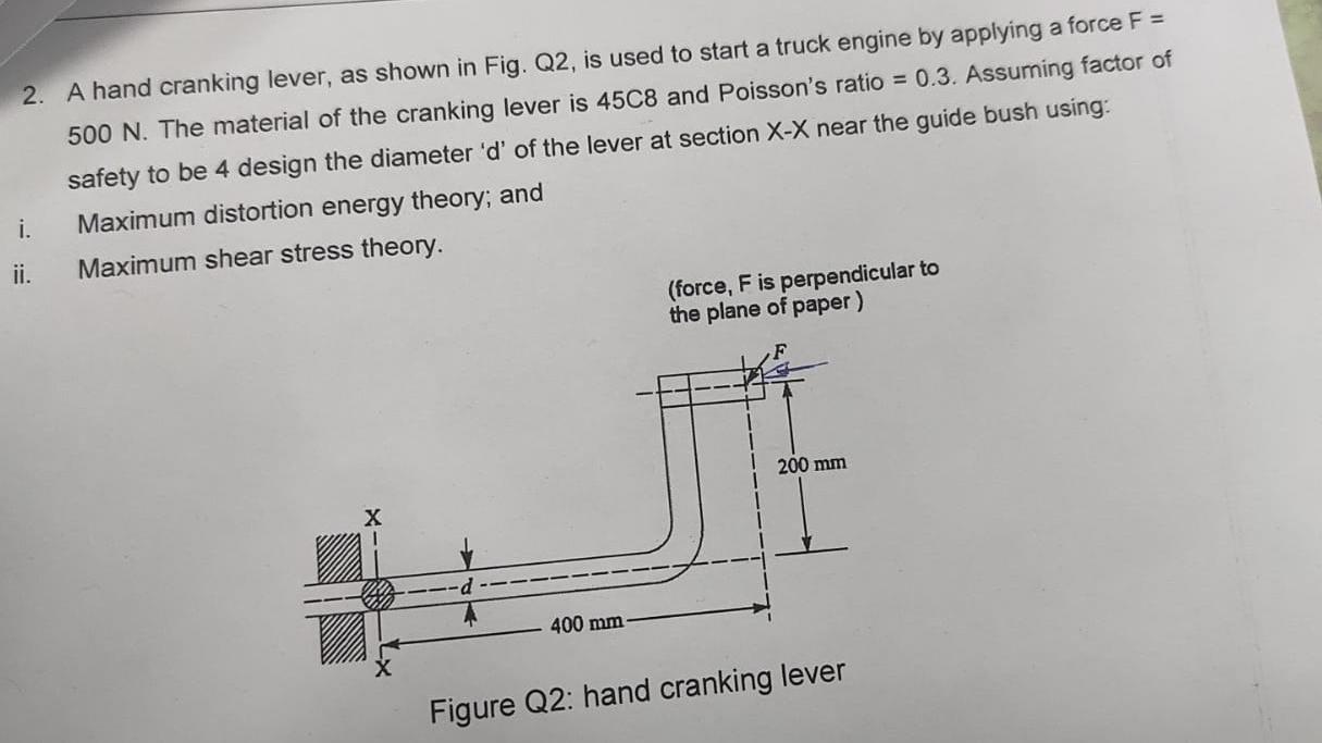 Solved 2. A hand cranking lever, as shown in Fig. Q2, is | Chegg.com