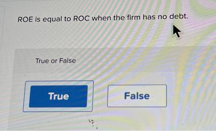 Solved ROE is equal to ROC when the firm has no debt. True | Chegg.com