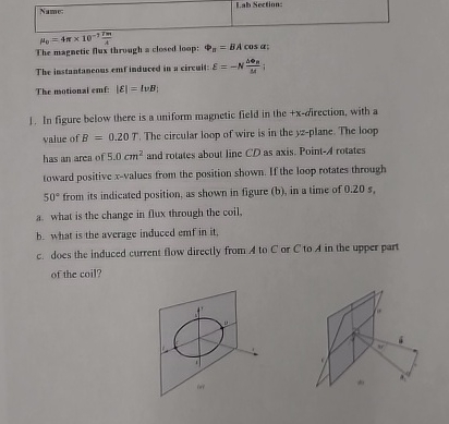 Solved I.ab Section:Name:μ0=4π×10-47πλThe magnetic fux | Chegg.com