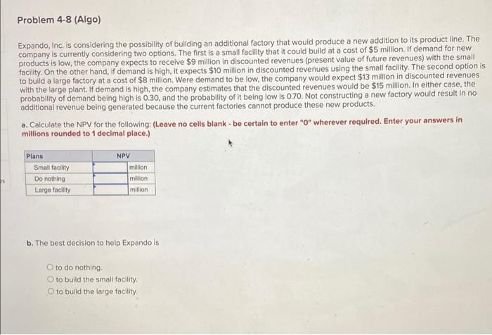 Solved Problem 4-8 (Algo) Expando, Inc. is considering the | Chegg.com