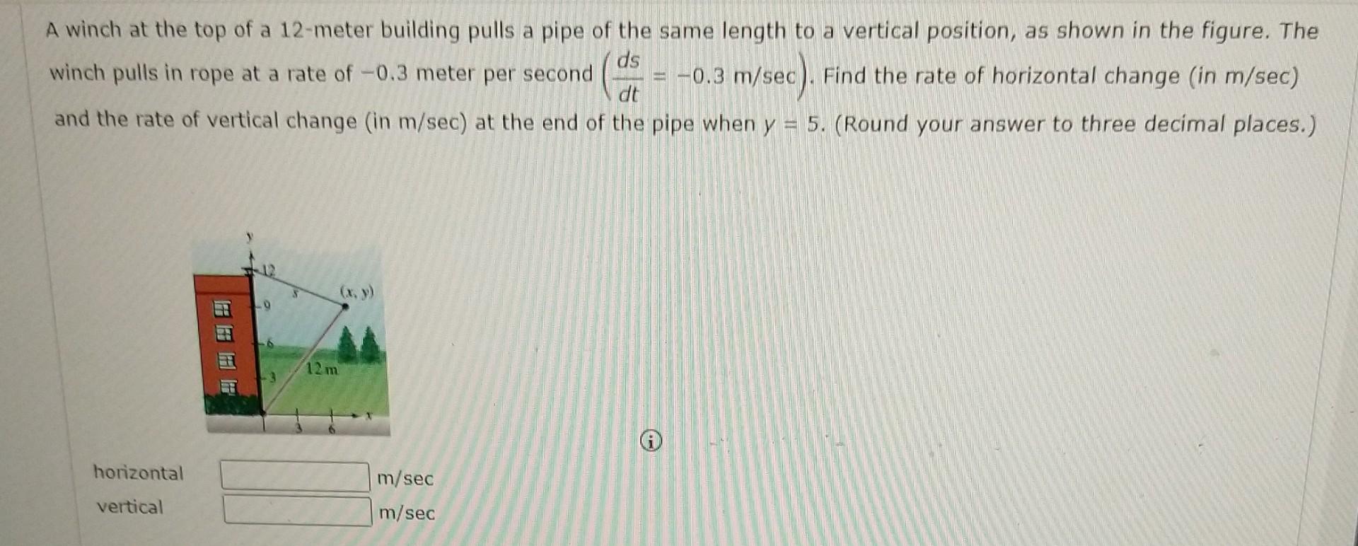 Solved A winch at the top of a 12-meter building pulls a | Chegg.com