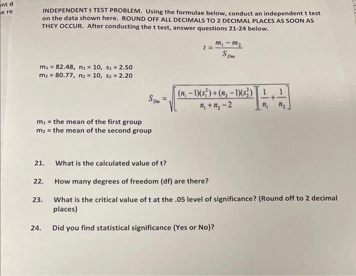 Solved INDEPENDENT t TEST PROBLEM. Using the formulae below, | Chegg.com
