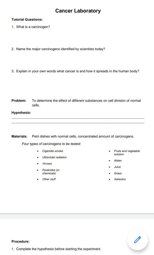 Solved Cancer Laboratory Tutorial Questions: 1. What is a | Chegg.com