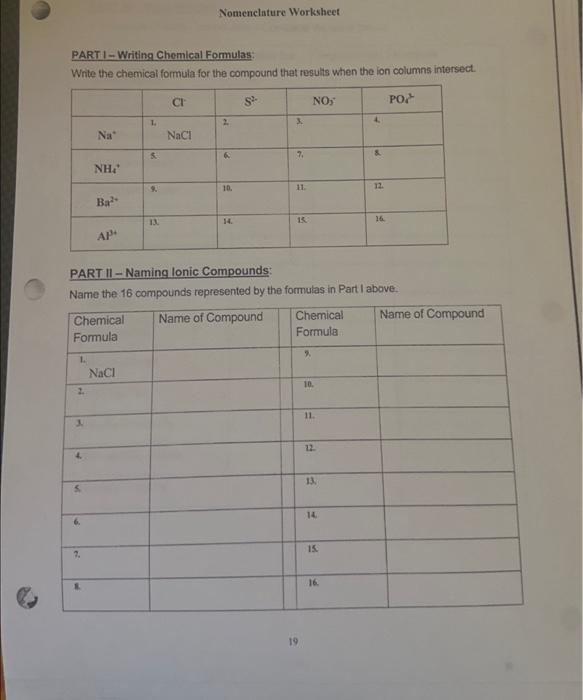 Solved PART I-Writing Chemical Formulas: Write the chemical | Chegg.com