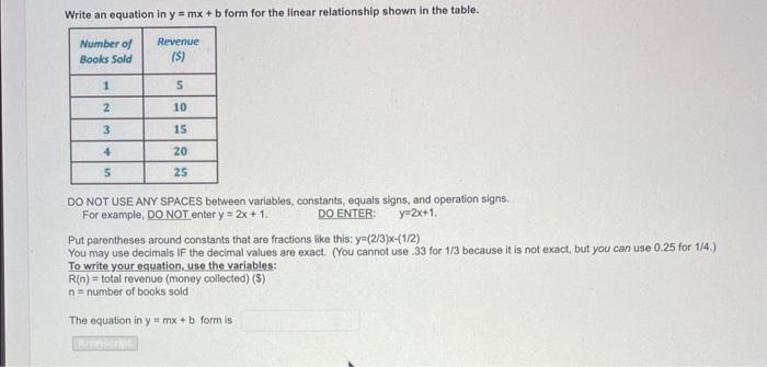 Solved Write an equation in y=mx+b form for the linear | Chegg.com