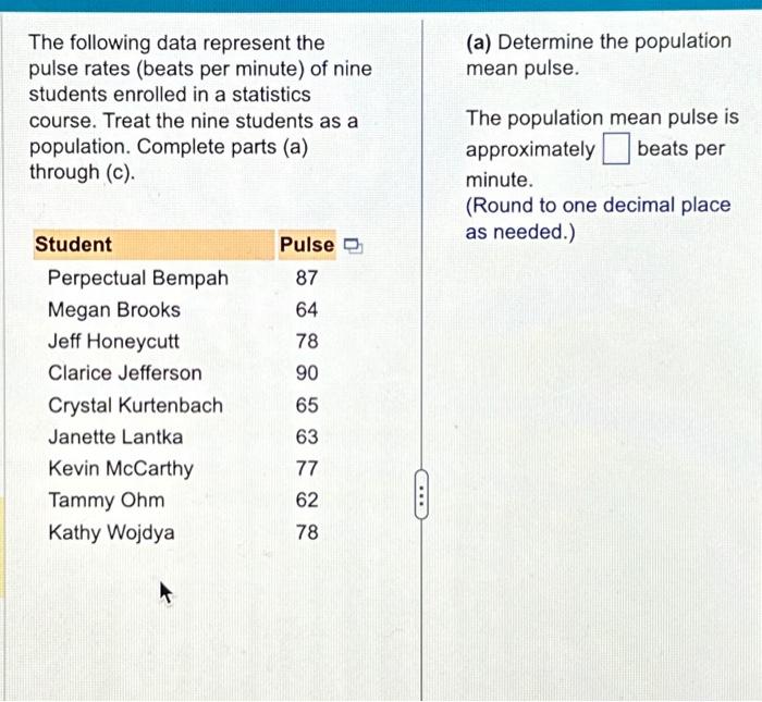 Solved The following data represent the pulse rates (beats | Chegg.com