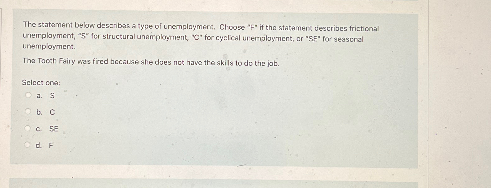 Solved The statement below describes a type of unemployment. | Chegg.com