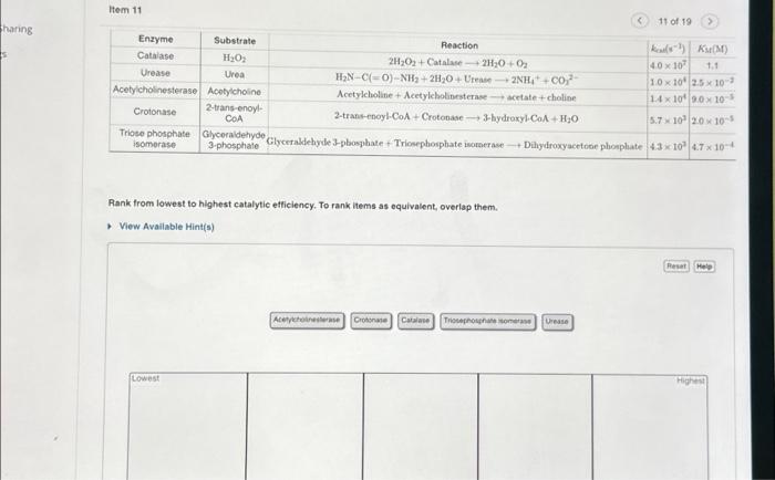 Rank from lowest to highest catalytic efficiency. To | Chegg.com