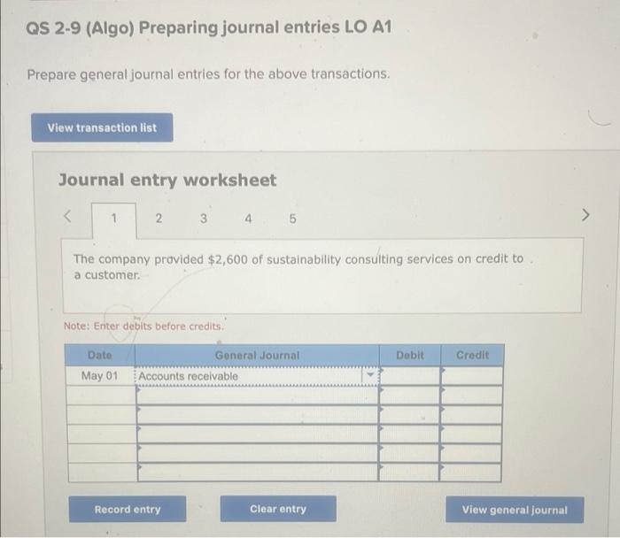 Solved QS 2-9 (Algo) Preparing journal entries LO A1 Prepare | Chegg.com