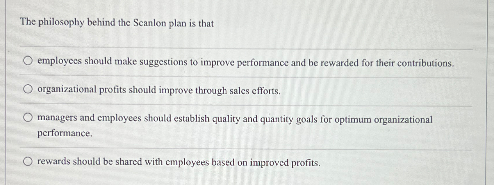 Solved The philosophy behind the Scanlon plan is | Chegg.com
