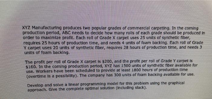 Solved XYZ Manufacturing produces two popular grades of | Chegg.com
