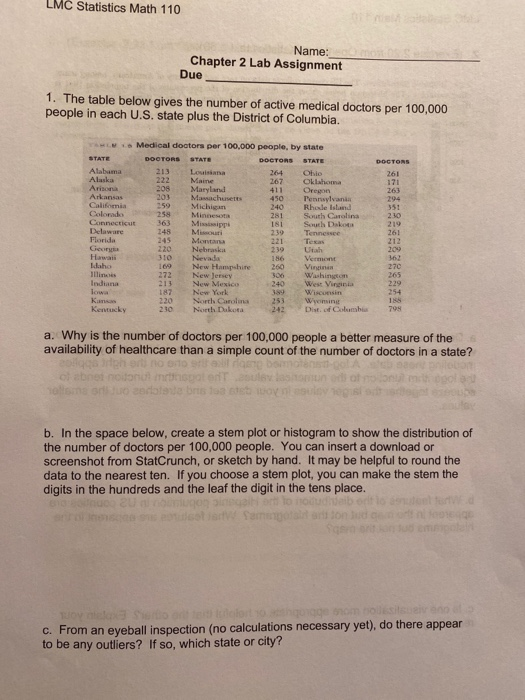 Solved LMC Statistics Math 110 Name: Chapter 2 Lab | Chegg.com