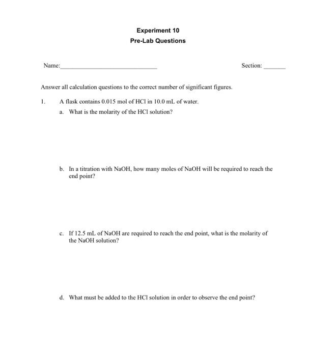 Solved Experiment 10 Pre Lab Questions Name Section Answer