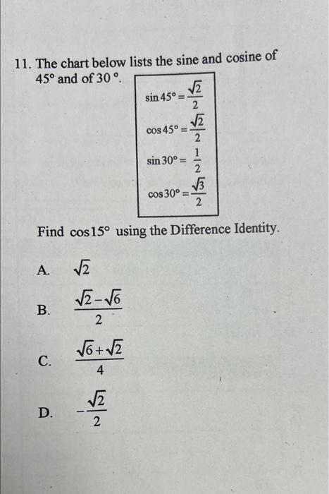 Solved 11. The chart below lists the sine and cosine of 45° | Chegg.com