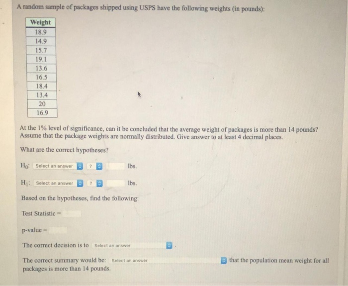Solved A random sample of packages shipped using USPS have | Chegg.com