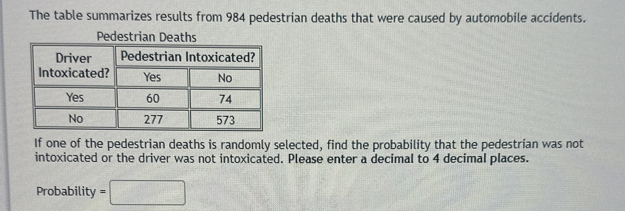 Solved The table summarizes results from 984 ﻿pedestrian | Chegg.com