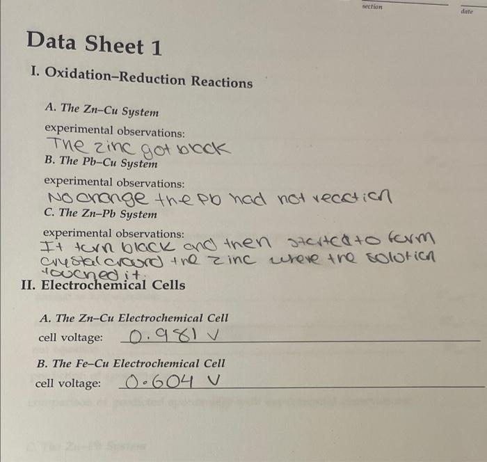 Solved section date Data Sheet 1 I. Oxidation-Reduction | Chegg.com