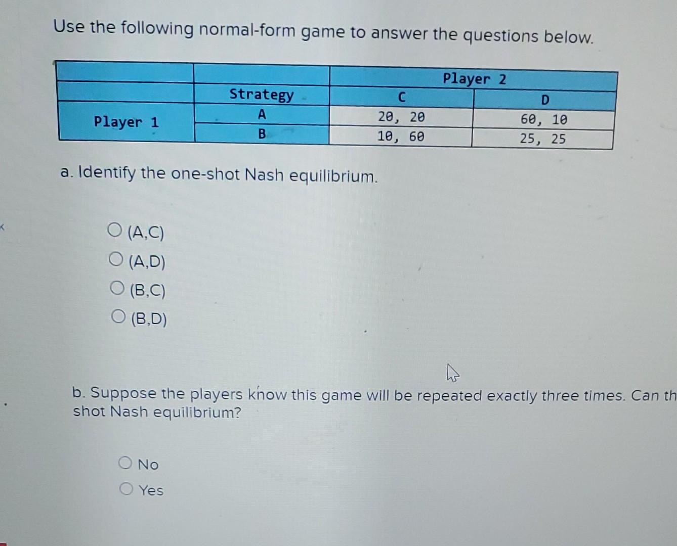 Solved Use the following normal-form game to answer the | Chegg.com