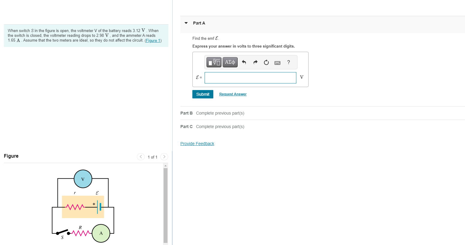 Solved When switch S ﻿in the figure is open, the voltmeter V | Chegg.com