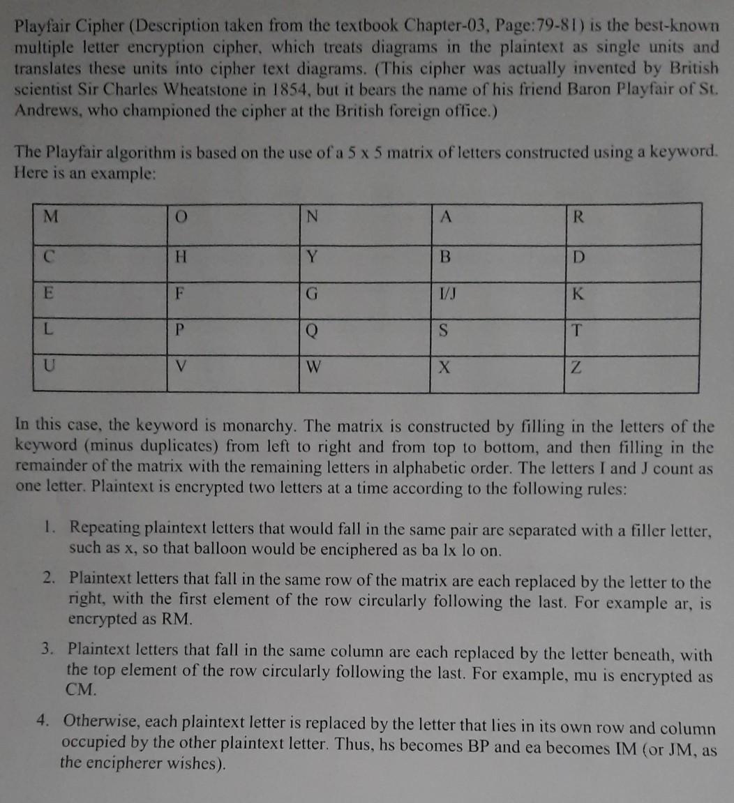 Solved Playfair Cipher (Description taken from the textbook | Chegg.com