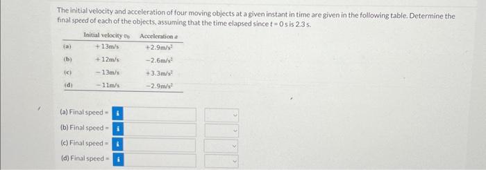 Solved The Initial Velocity And Acceleration Of Four Moving