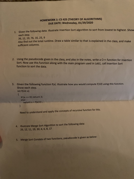 Solved HOMEWORK 1: CS 425 (THEORY OF ALGORITHMS) DUE DATE: | Chegg.com