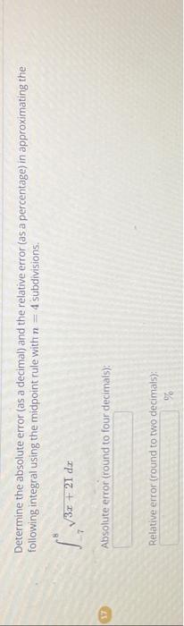 Solved Determine the absolute error (as a decimal) and the | Chegg.com