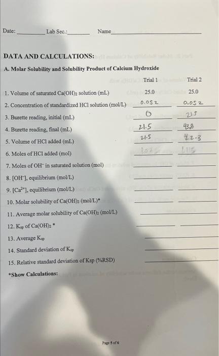 Solved Date: Lab Sec:: Name DATA AND CALCULATIONS: A Malaw | Chegg.com