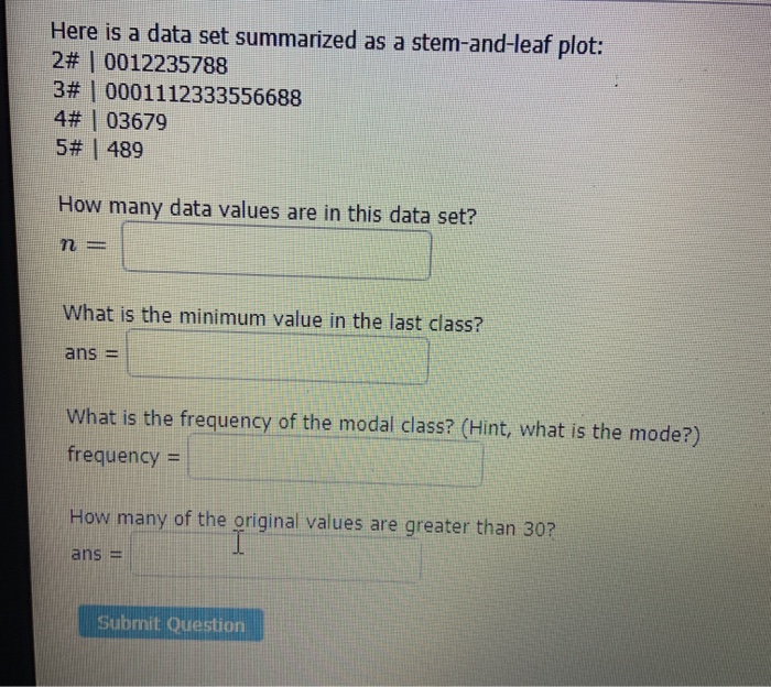 Solved Here is a data set summarized as a stem-and-leaf | Chegg.com