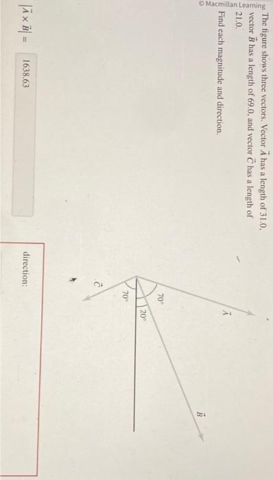 Solved The figure shows three vectors. Vector A has a length | Chegg.com