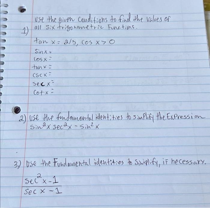 Solved 1.) Use the given conditions to find the values of | Chegg.com