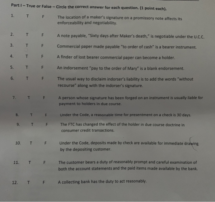 Solved Part 1 - True or False - Circle the correct answer | Chegg.com