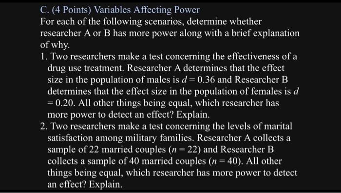 Solved C. (4 Points) Variables Affecting Power For each of | Chegg.com