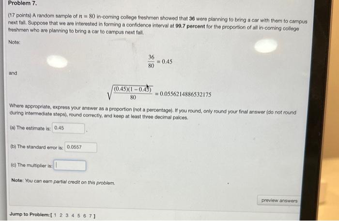 Solved (17 points) A random sample of n=80 in-coming college | Chegg.com
