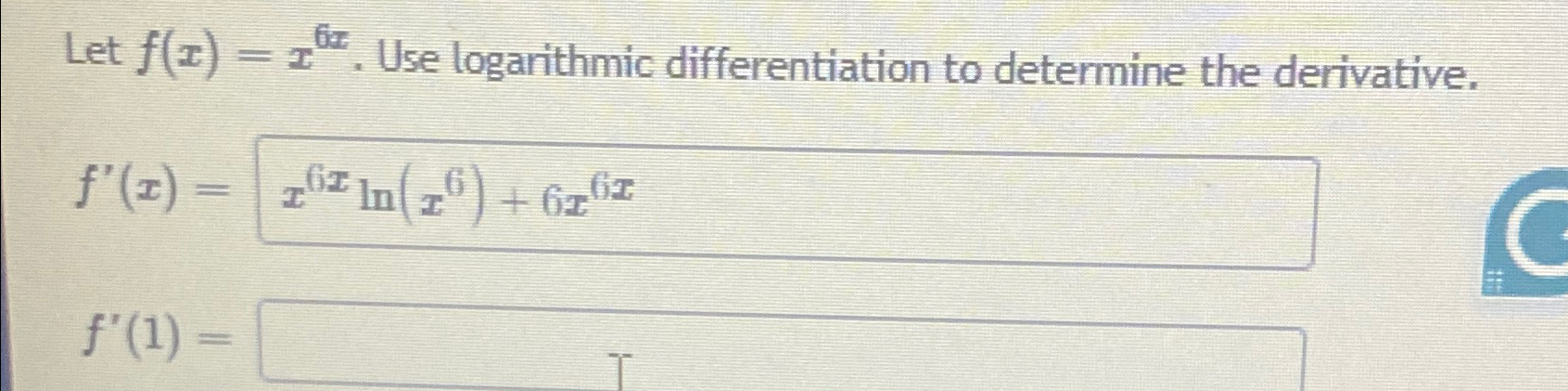 Solved Let f(x)=x6x. ﻿Use logarithmic differentiation to | Chegg.com
