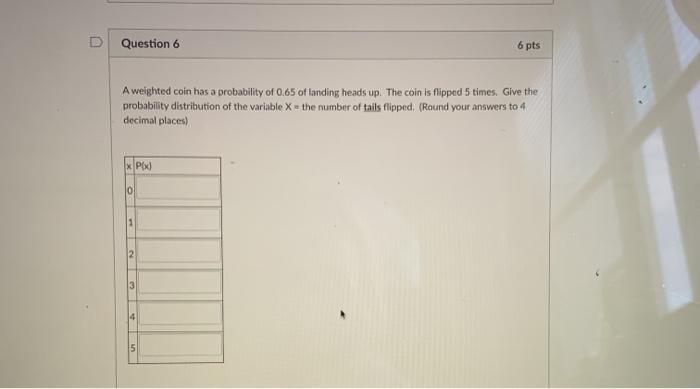 Solved Question 6 6 pts A weighted coin has a probability of | Chegg.com