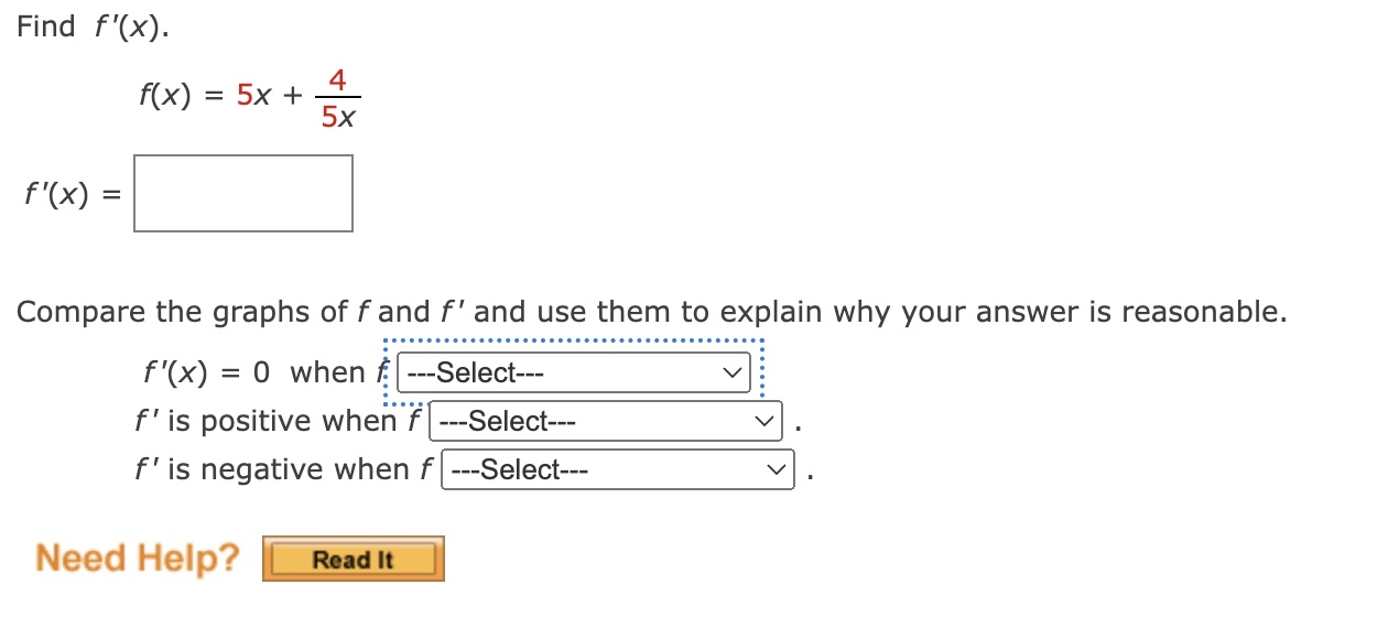 Solved Find f'(x).f(x)=5x+45xf'(x)=Compare the graphs of f | Chegg.com
