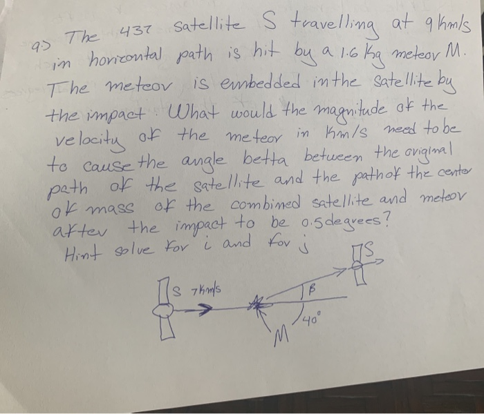Solved .437 95 satellite S travelling at 9 km's in | Chegg.com