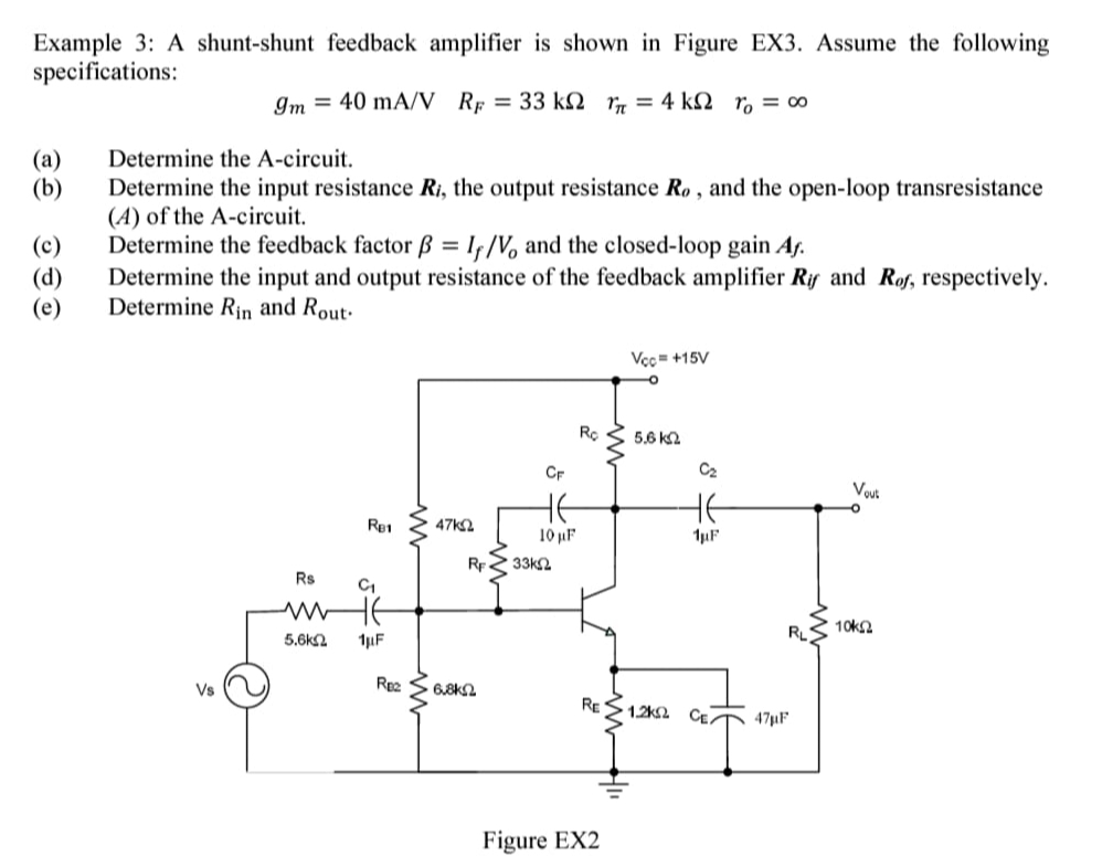 Solved Example 3: A shunt-shunt feedback amplifier is shown | Chegg.com