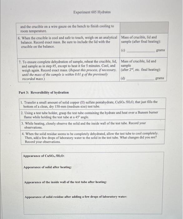 Solved Experiment 605 Hydrates Student Laboratory Date: Date | Chegg.com