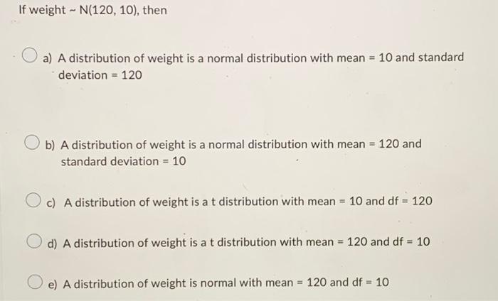 Solved If weight~ N(120, 10), then a) A distribution of | Chegg.com