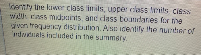 Solved Identify the lower class limits, upper class limits, | Chegg.com