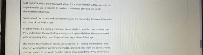 Solved In British Columbia, the Infants Act allows for | Chegg.com