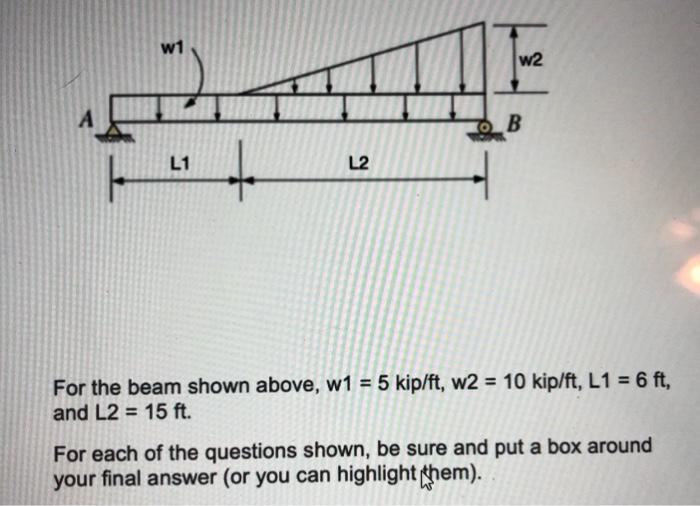 Solved w1 w2 А 1 + B L1 L2 For the beam shown above, w1 = 5 | Chegg.com