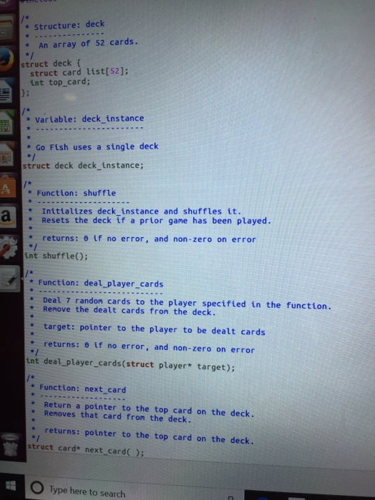 Structure: deck An array of 52 cards. * / struct deck | Chegg.com