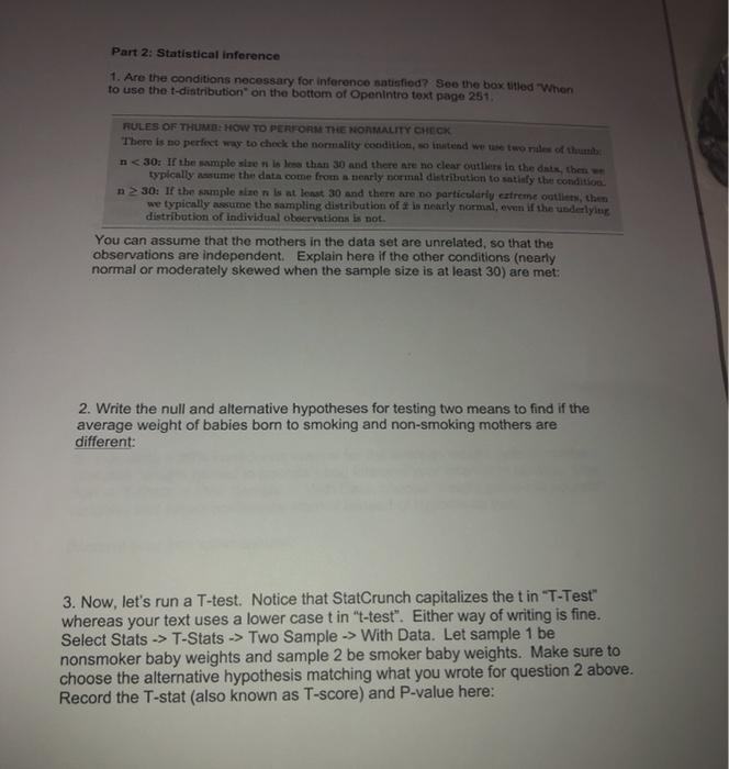 Part 2: Statistical inference 1. Are the conditions | Chegg.com